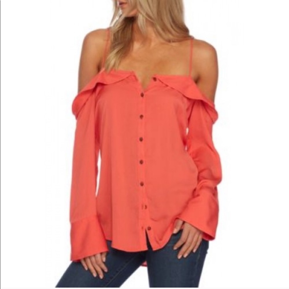 Free People Coral Walk This Way Button Front Top - Gem